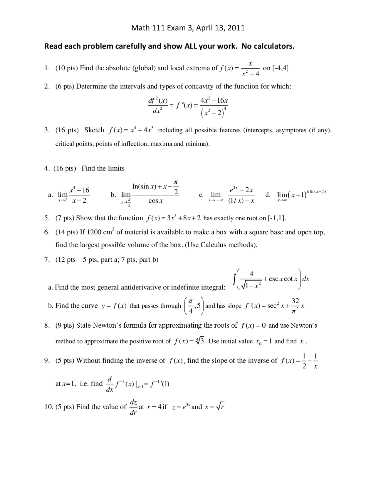 Types of Concavity - Calculus - Exam - Docsity