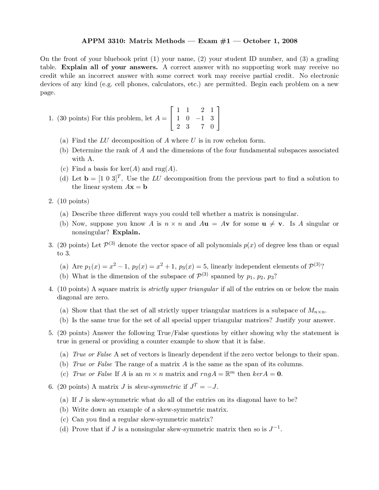 Dimensions Matrix Methods Exam Docsity