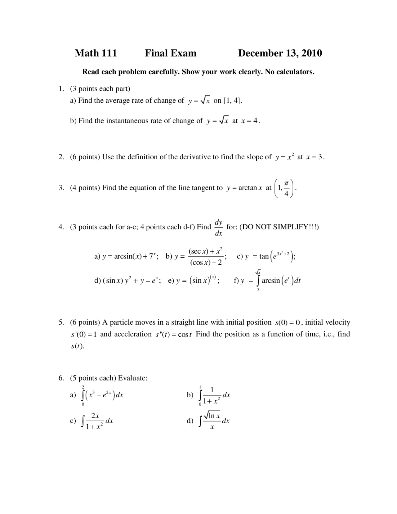 Instantaneous - Calculus - Exam - Docsity