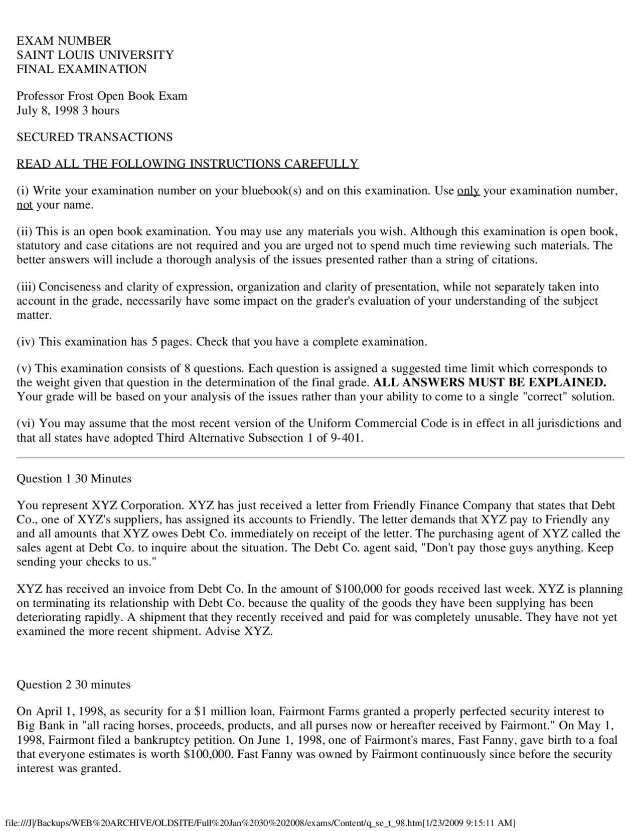 Sales Agent Secured Transactions Past Paper Docsity