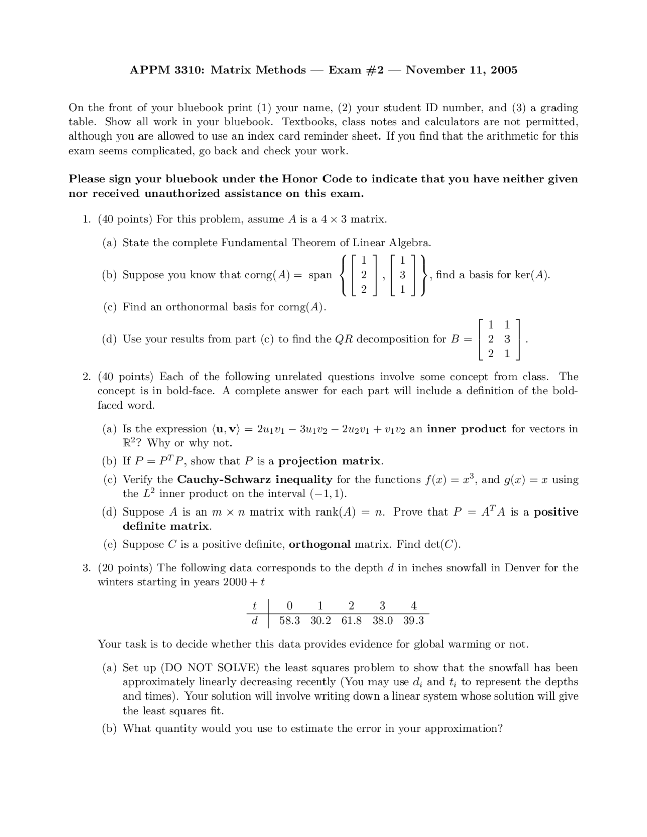 Linear Algebra Matrix Methods Exam Docsity