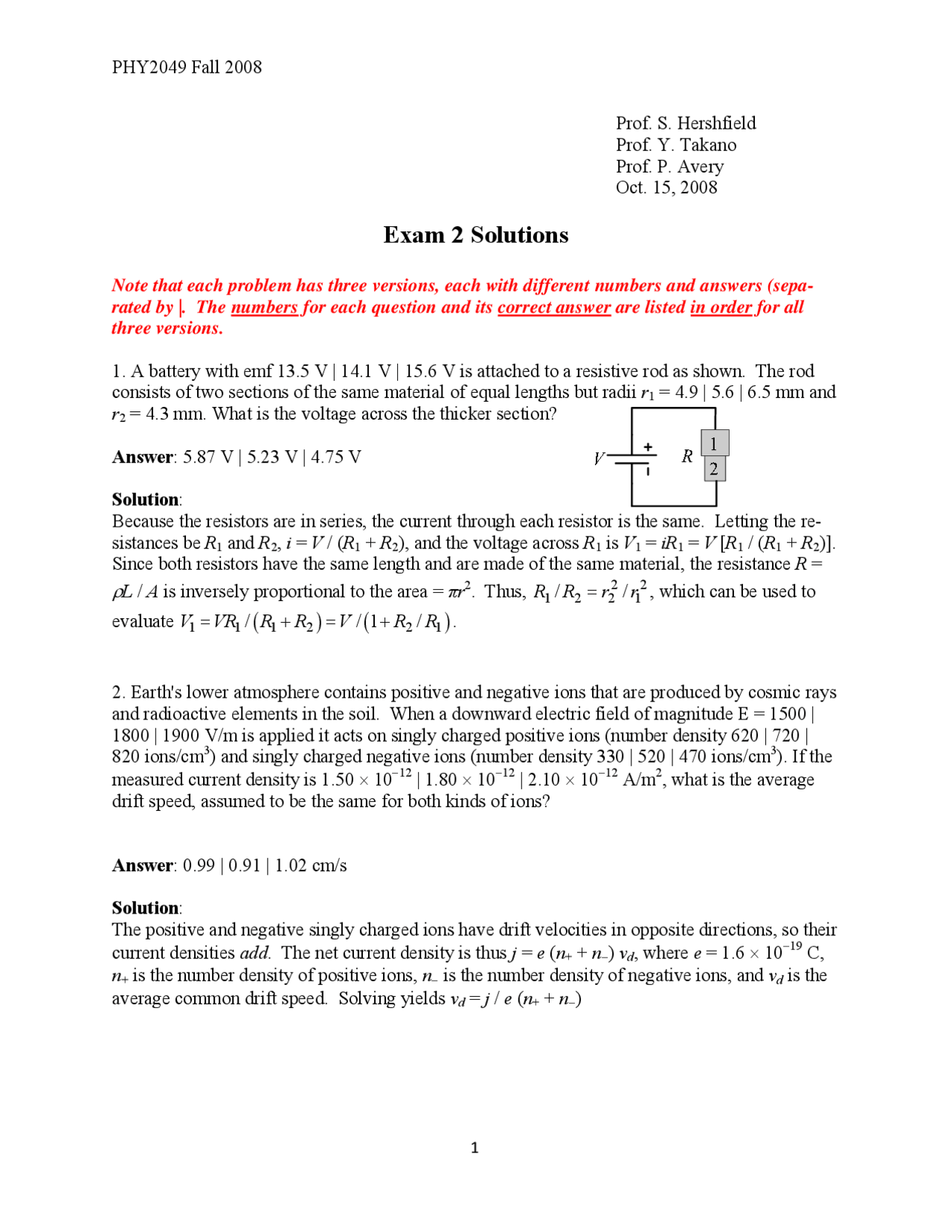 Voltage Across Thicker Section - Physics with Calculus - Solved Exam - Docsity