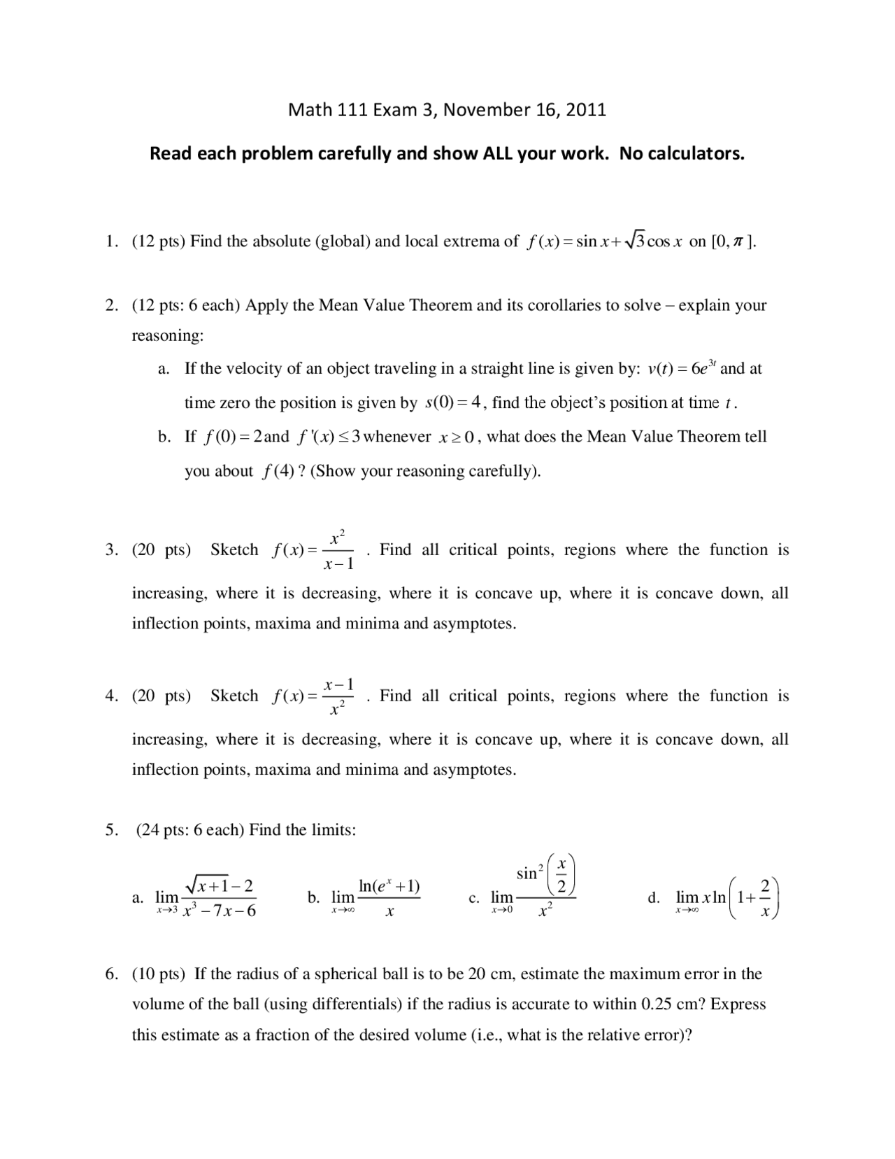 Local Extrema - Calculus - Exam - Docsity