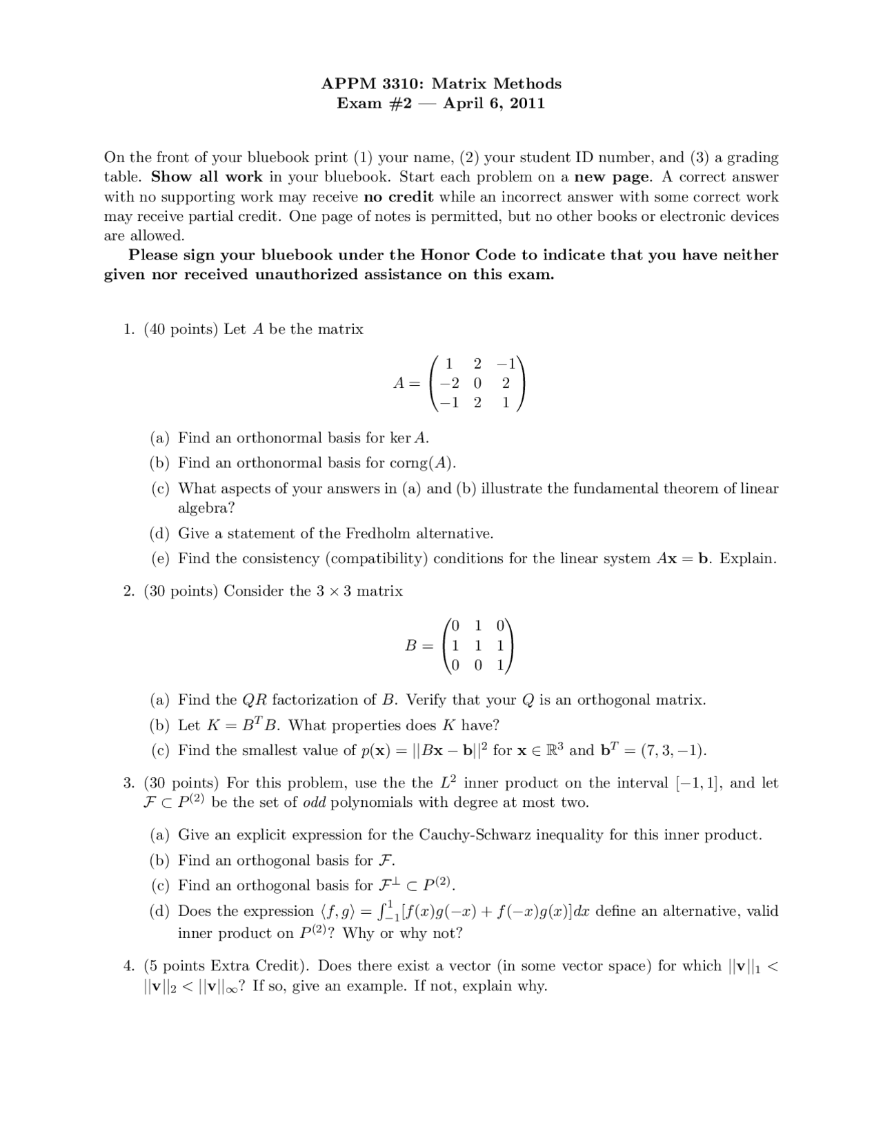 Unauthorized Assistance - Matrix Methods - Exam - Docsity