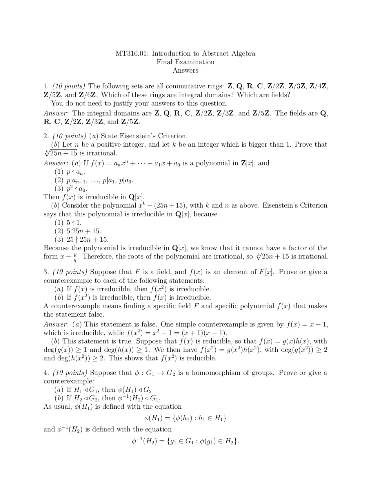 Equation Abstract Algebra Solved Exam Exams Algebra Docsity
