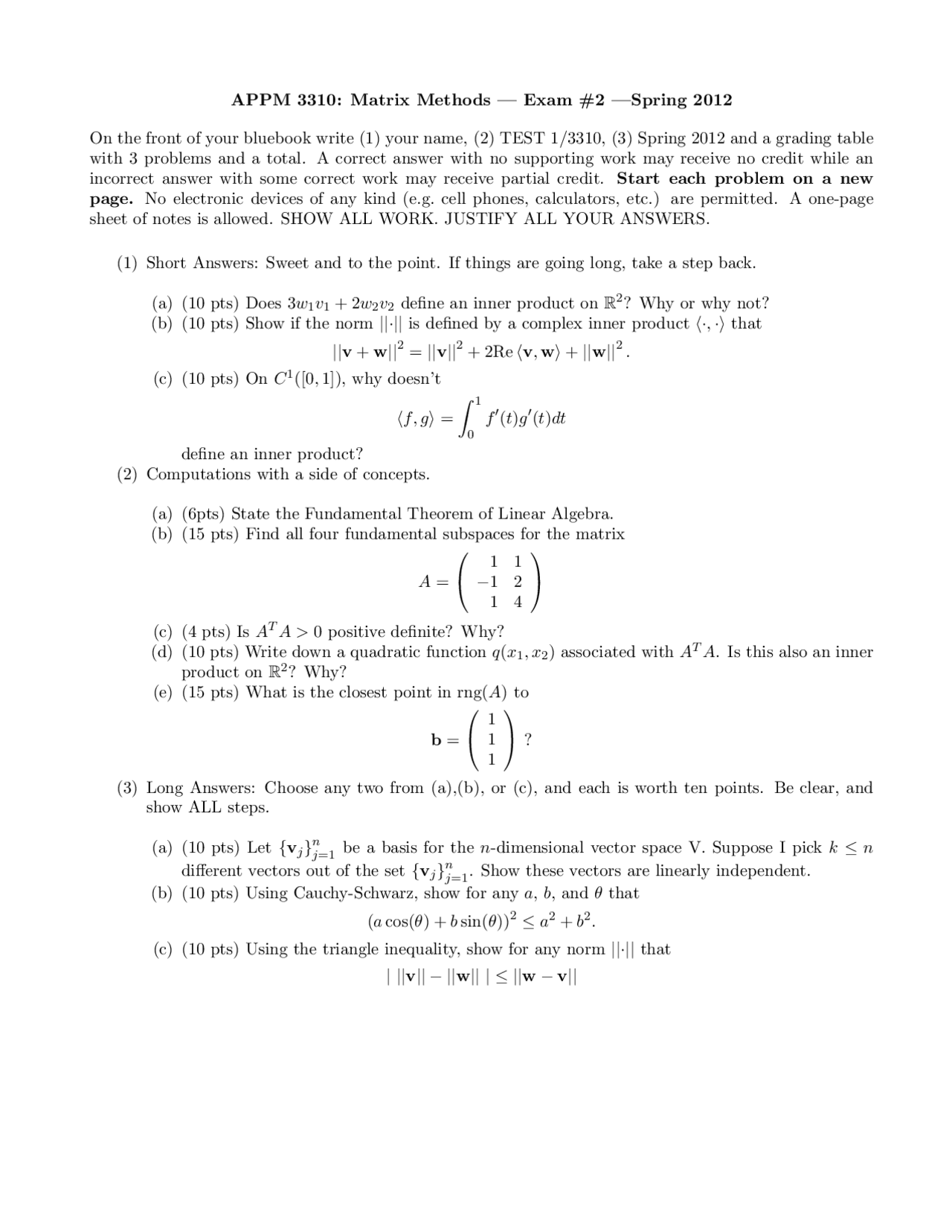 Inner Product Matrix Methods Exam Docsity