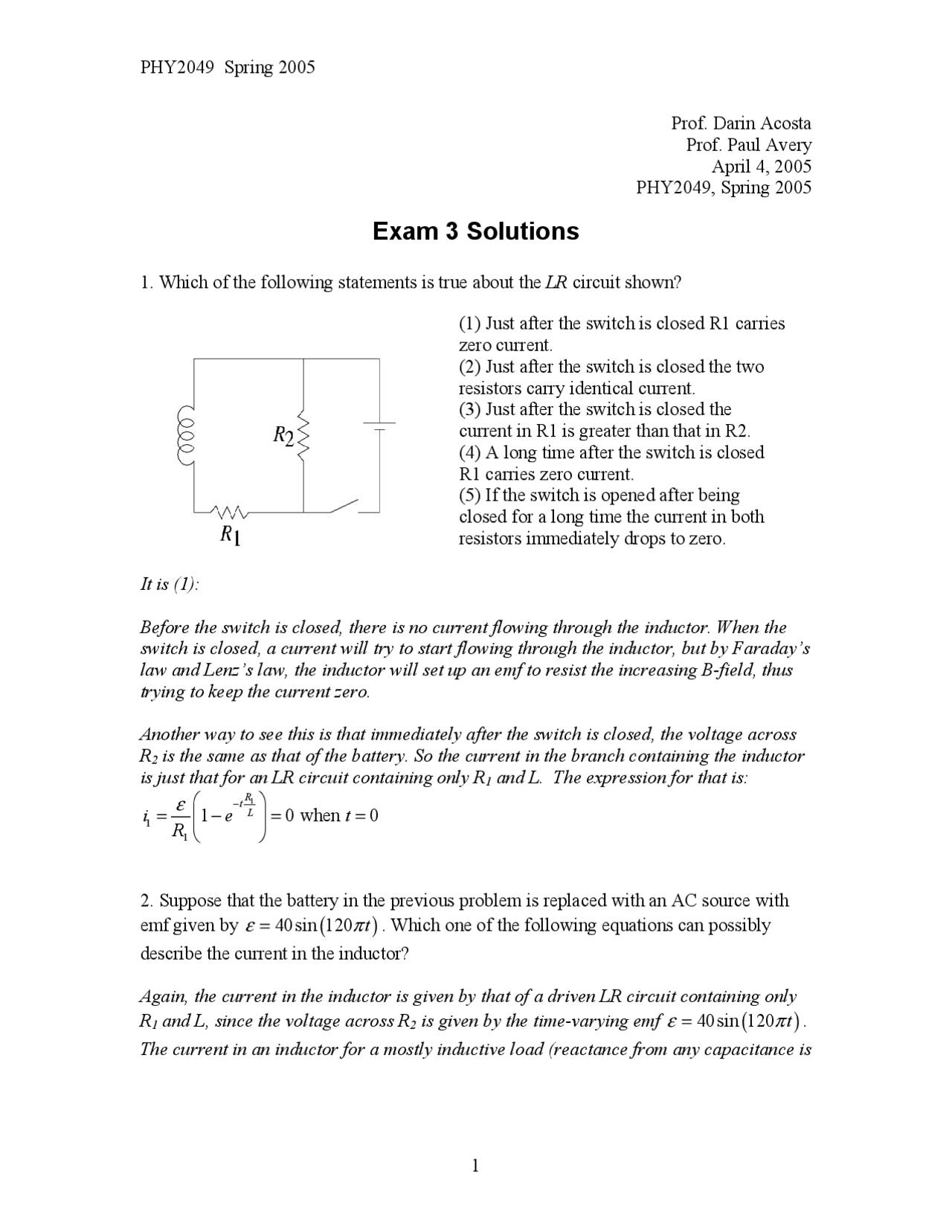 Current Flowing Through Inductor Physics With Calculus Solved Exam