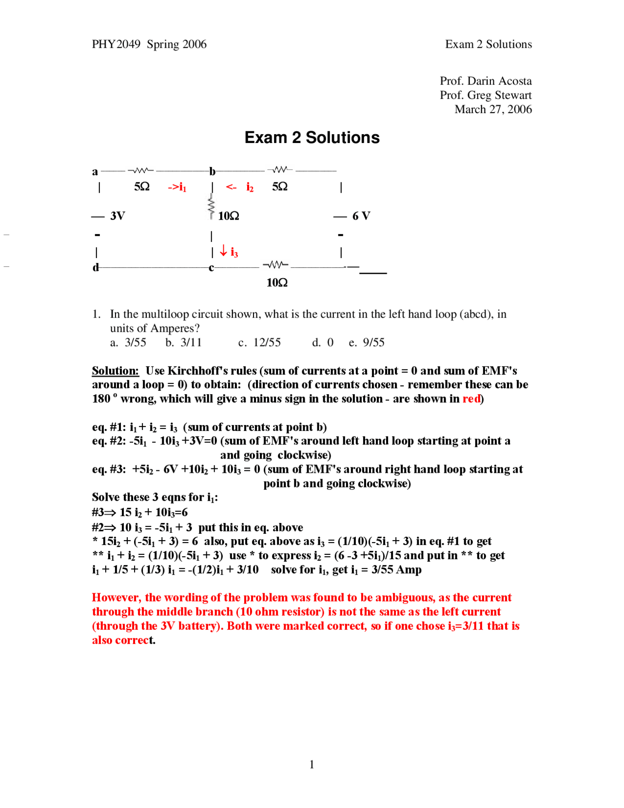 Kirchhoff Rules - Physics with Calculus - Solved Exam | Exams Calculus | Docsity