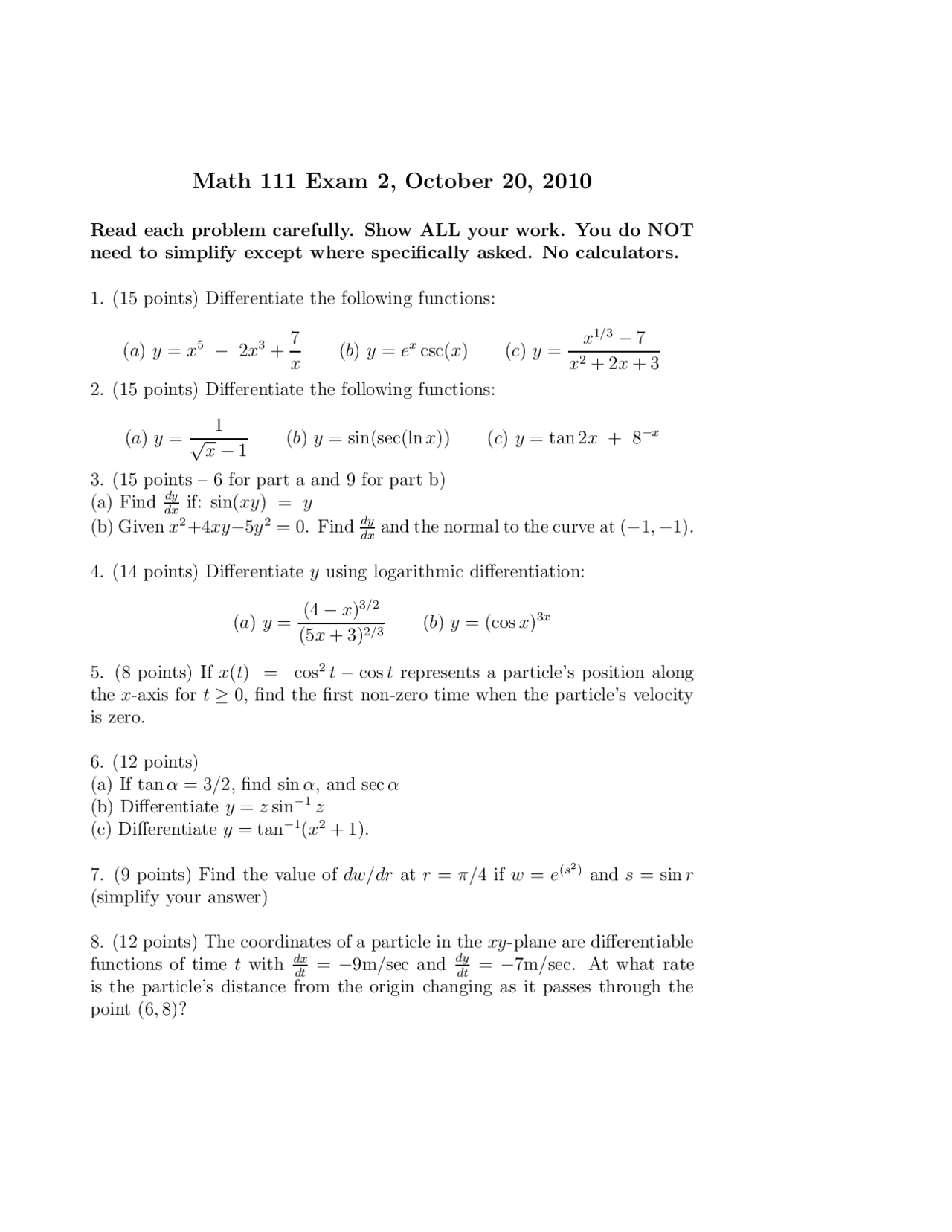 Normal Calculus Exam Docsity