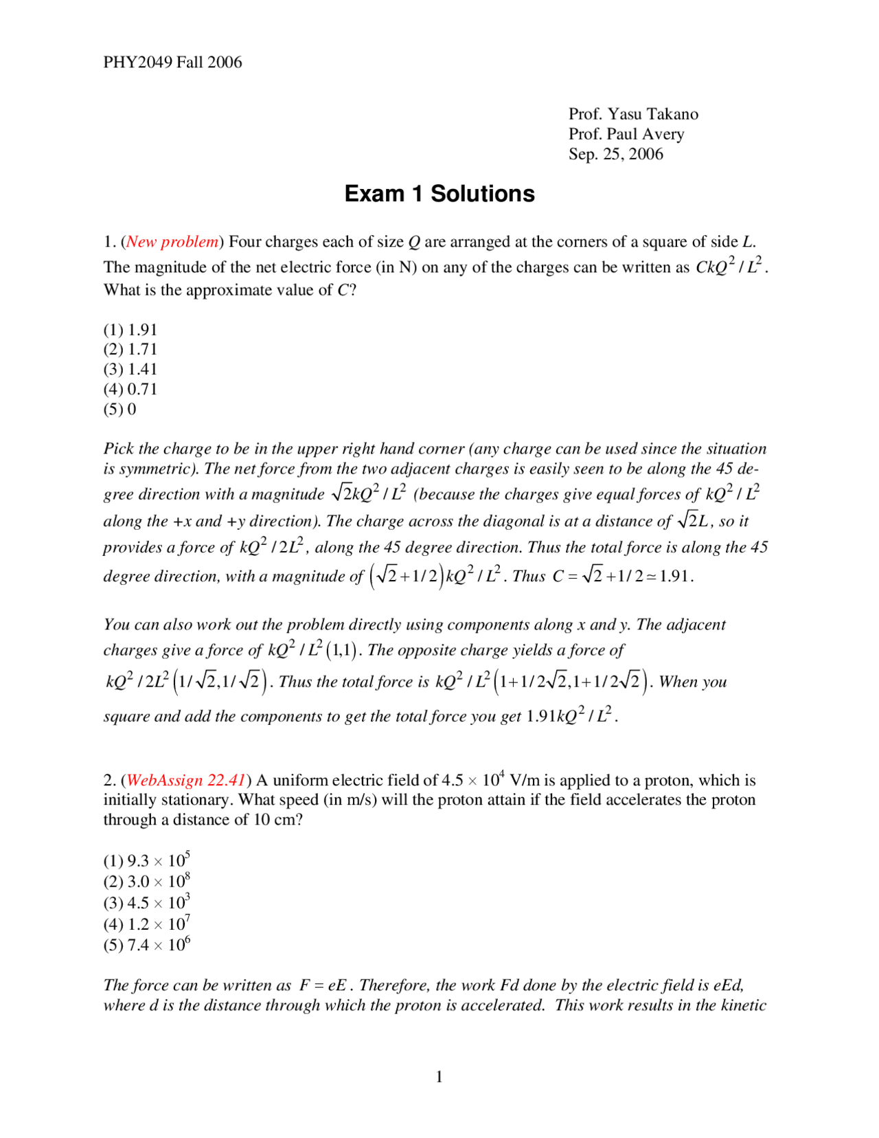 Net Electric Force - Physics with Calculus - Solved Exam | Examens Calcul | Docsity