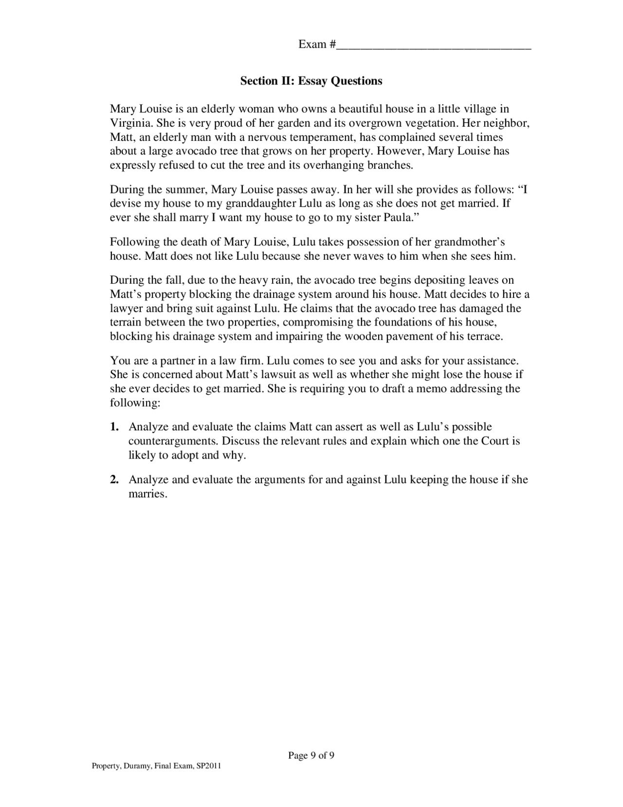Possession Of House Property Law Exam Docsity