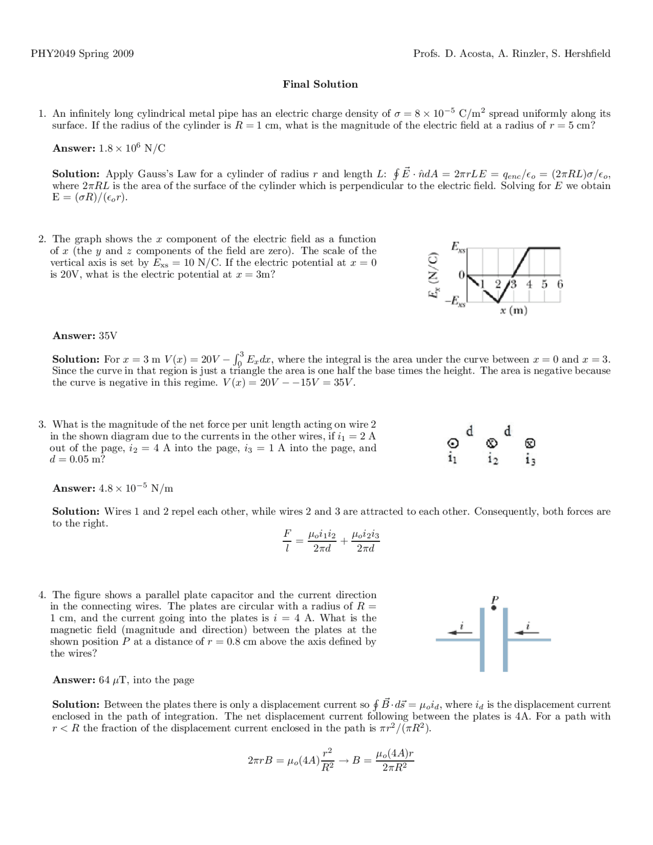 Gauss Law - Physics with Calculus - Solved Exam - Docsity