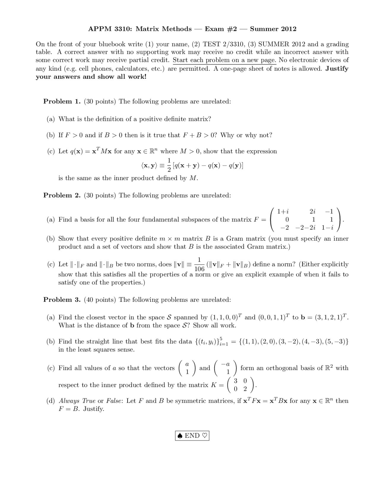 Matrix Methods Exam 2 - Summer 2012 | Exams Mathematics | Docsity