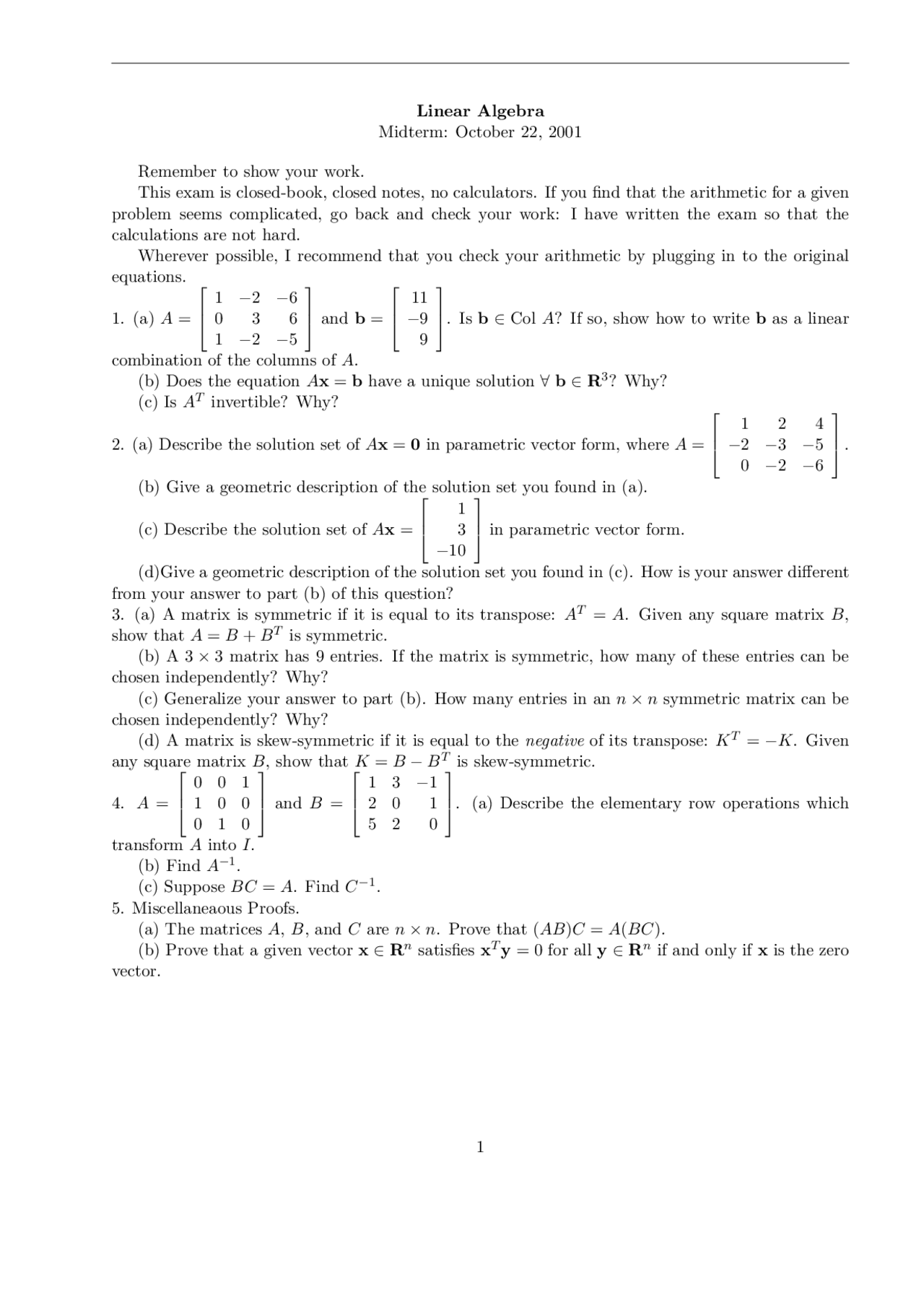 Unique Solution Matrix Methods Exam Docsity
