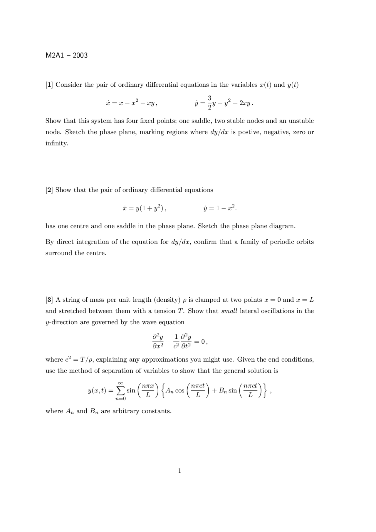 Ordinary Differential Equations Mathematics Exam Docsity