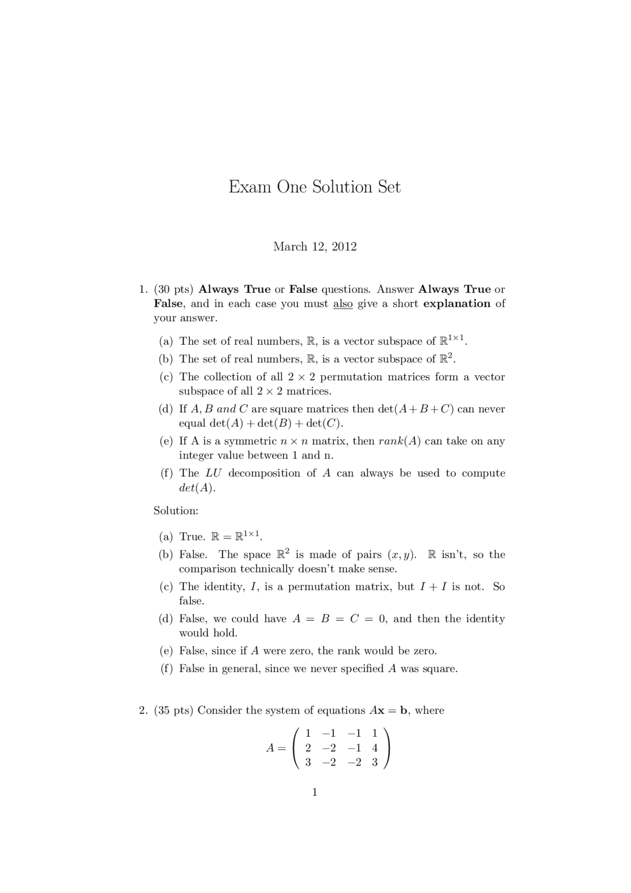 Vector Subspace Matrix Methods Solved Exam Docsity