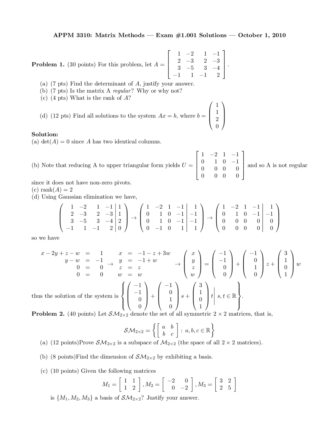 Singular Matrix Methods Solved Exam Docsity