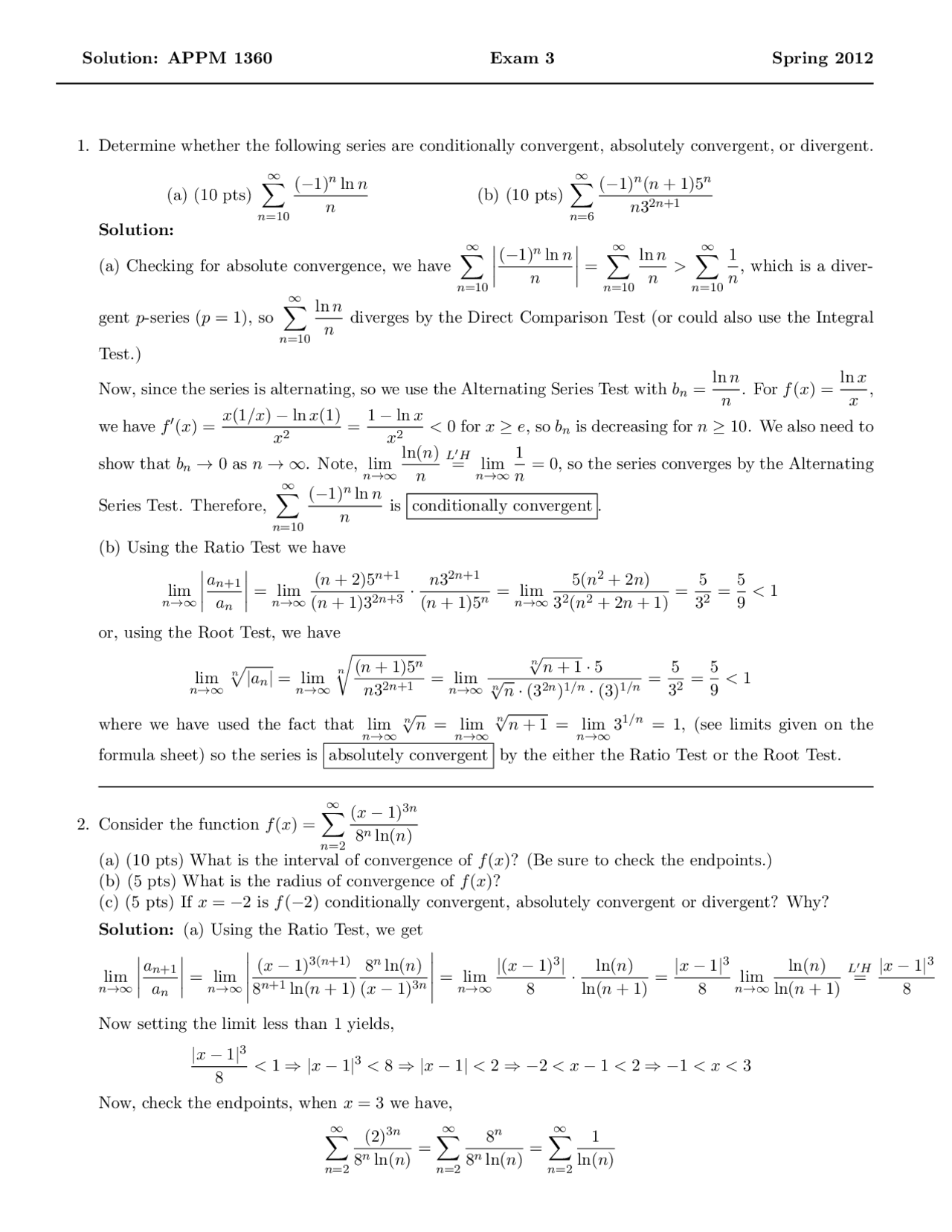 Radius Of Convergence Calculus Two Solved Exam Docsity