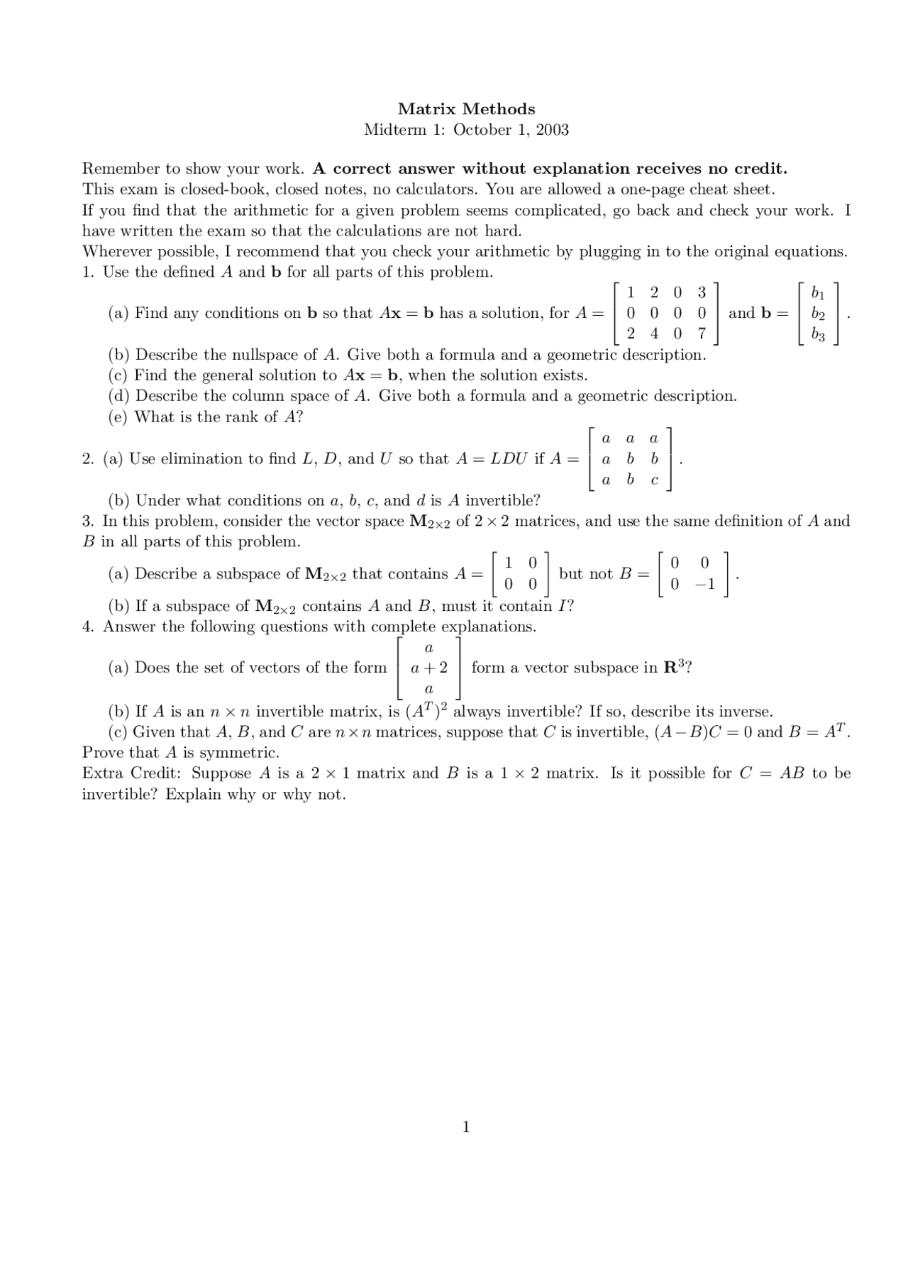 Elimination Matrix Methods Exam Docsity