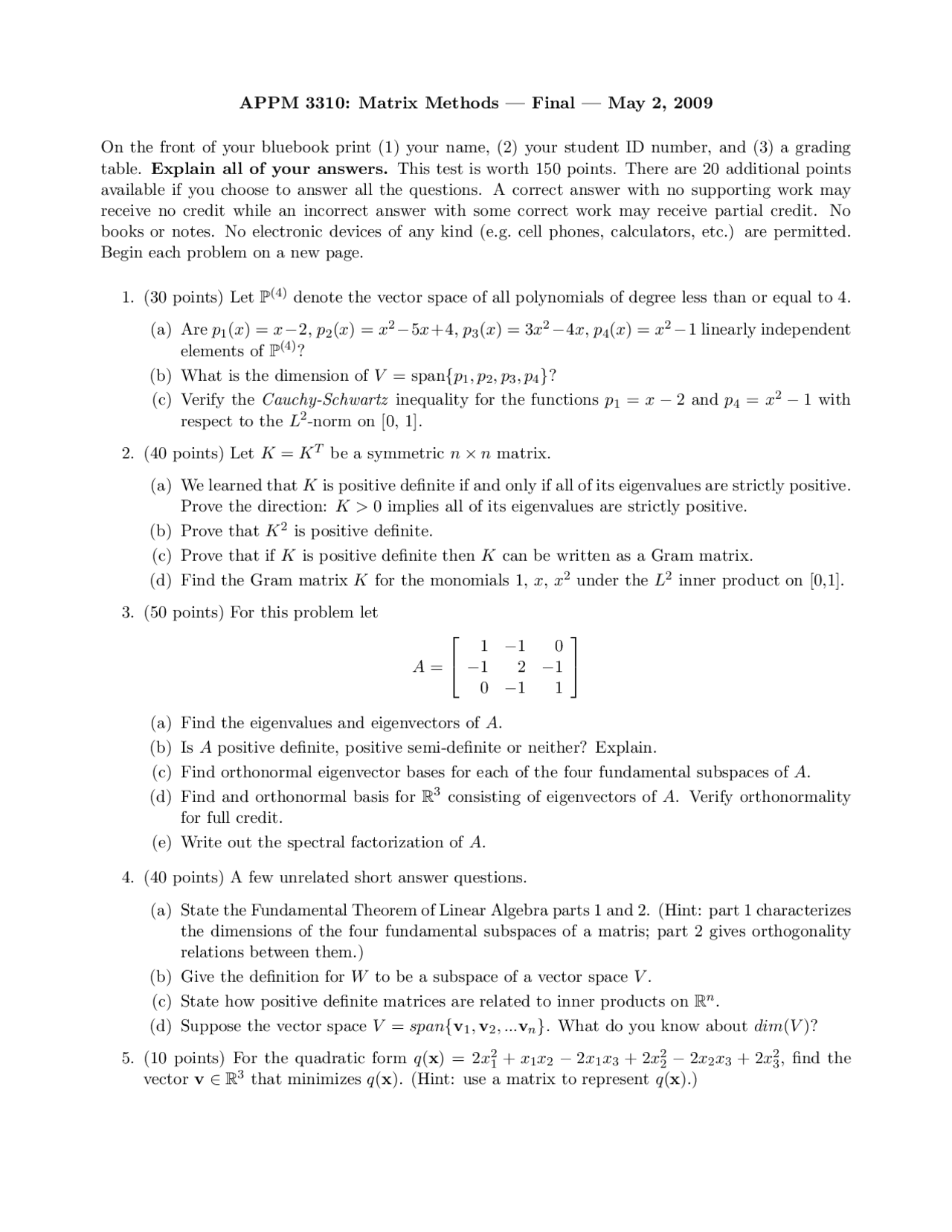 Cauchy Schwartz Matrix Methods Exam Docsity