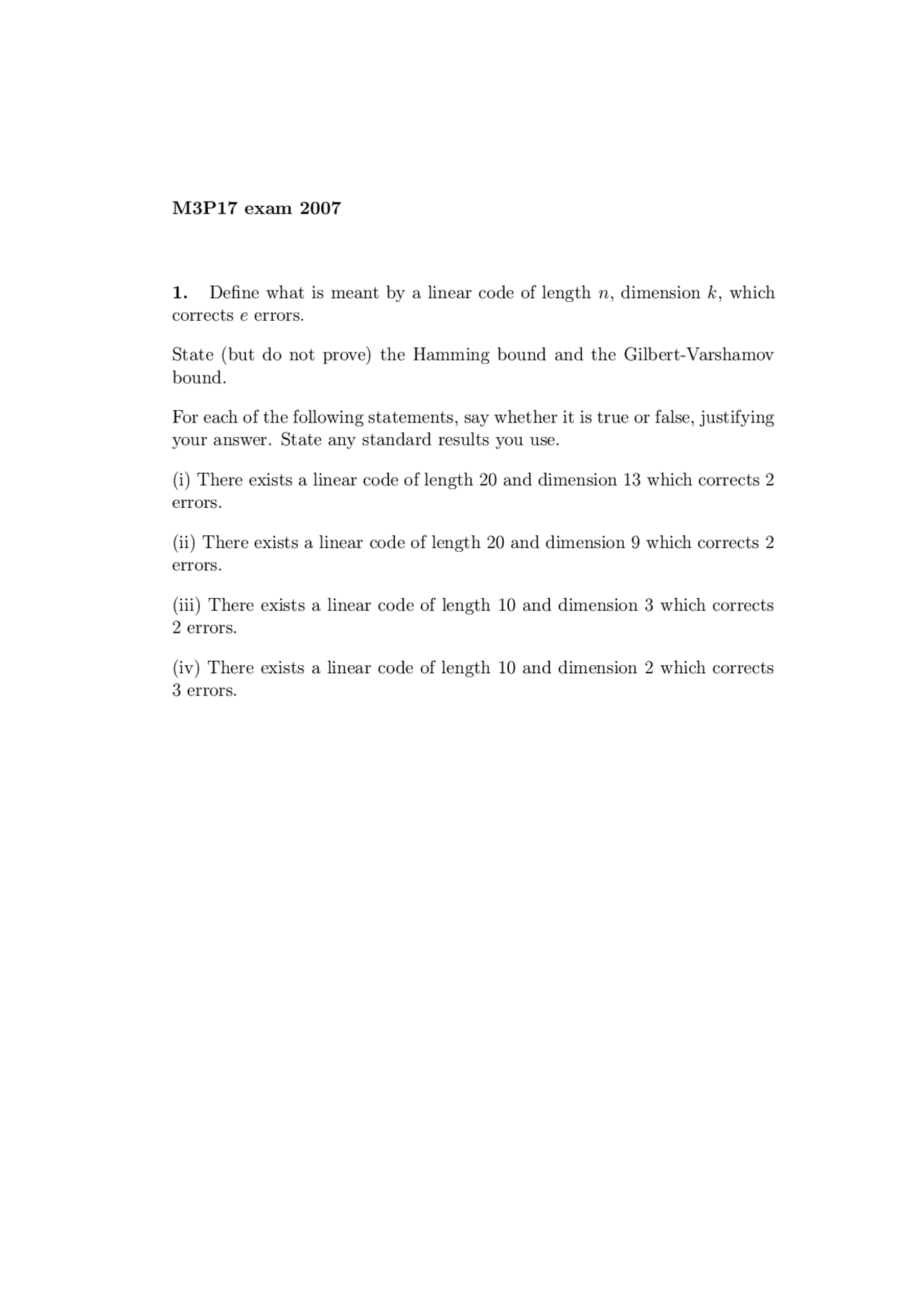 Linear Code Mathematics Exam Docsity