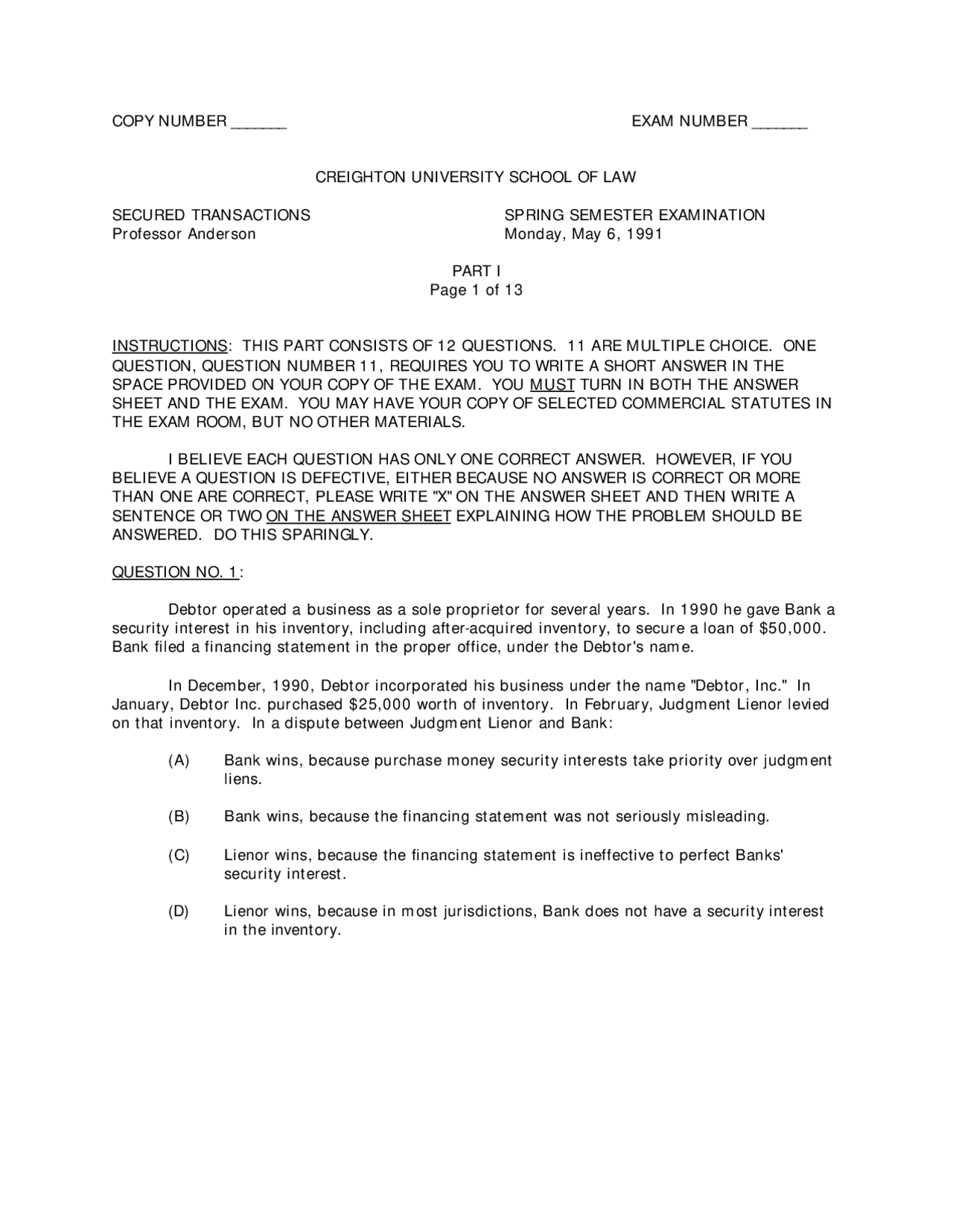 Priority In Collateral Secured Transactions Past Paper Exams Law