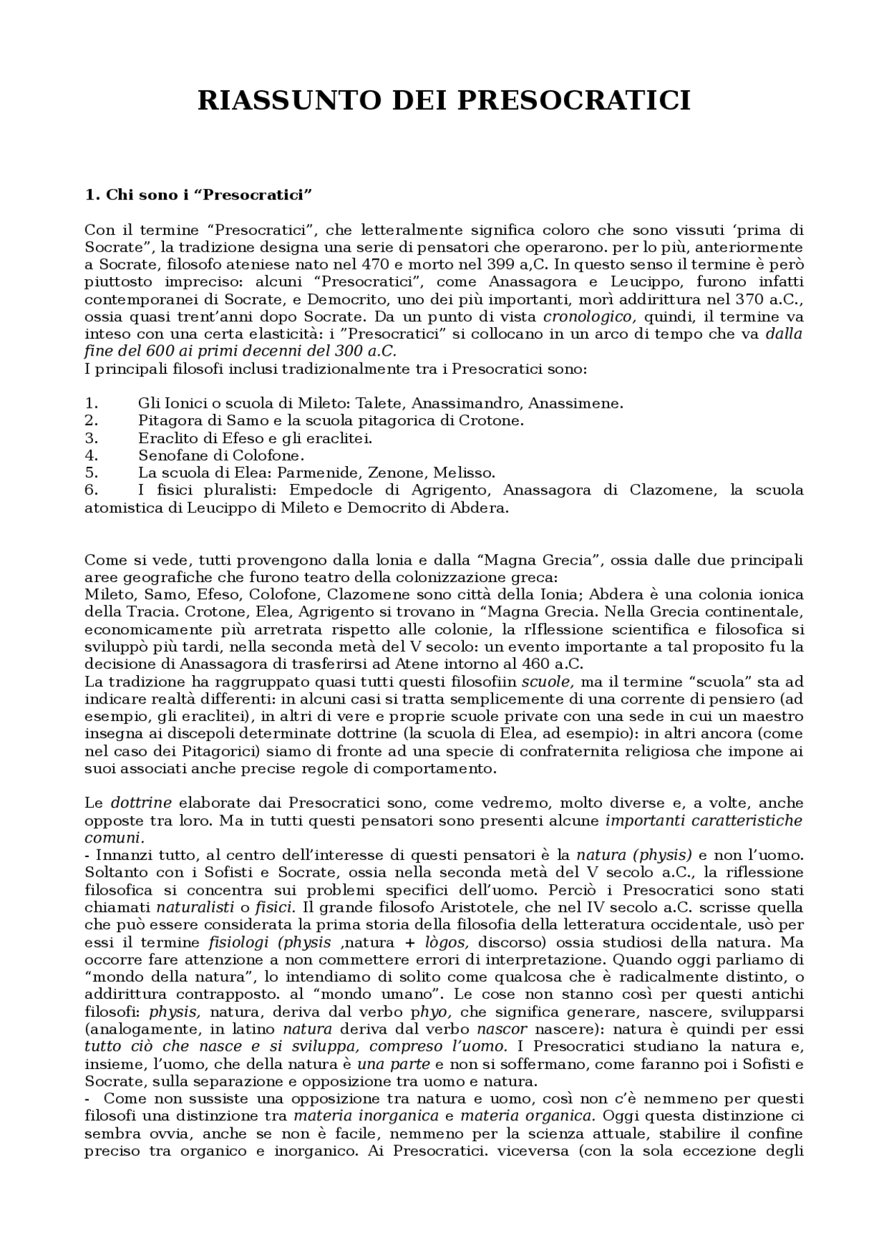 Riassunto Dei Pre Socratici Docsity
