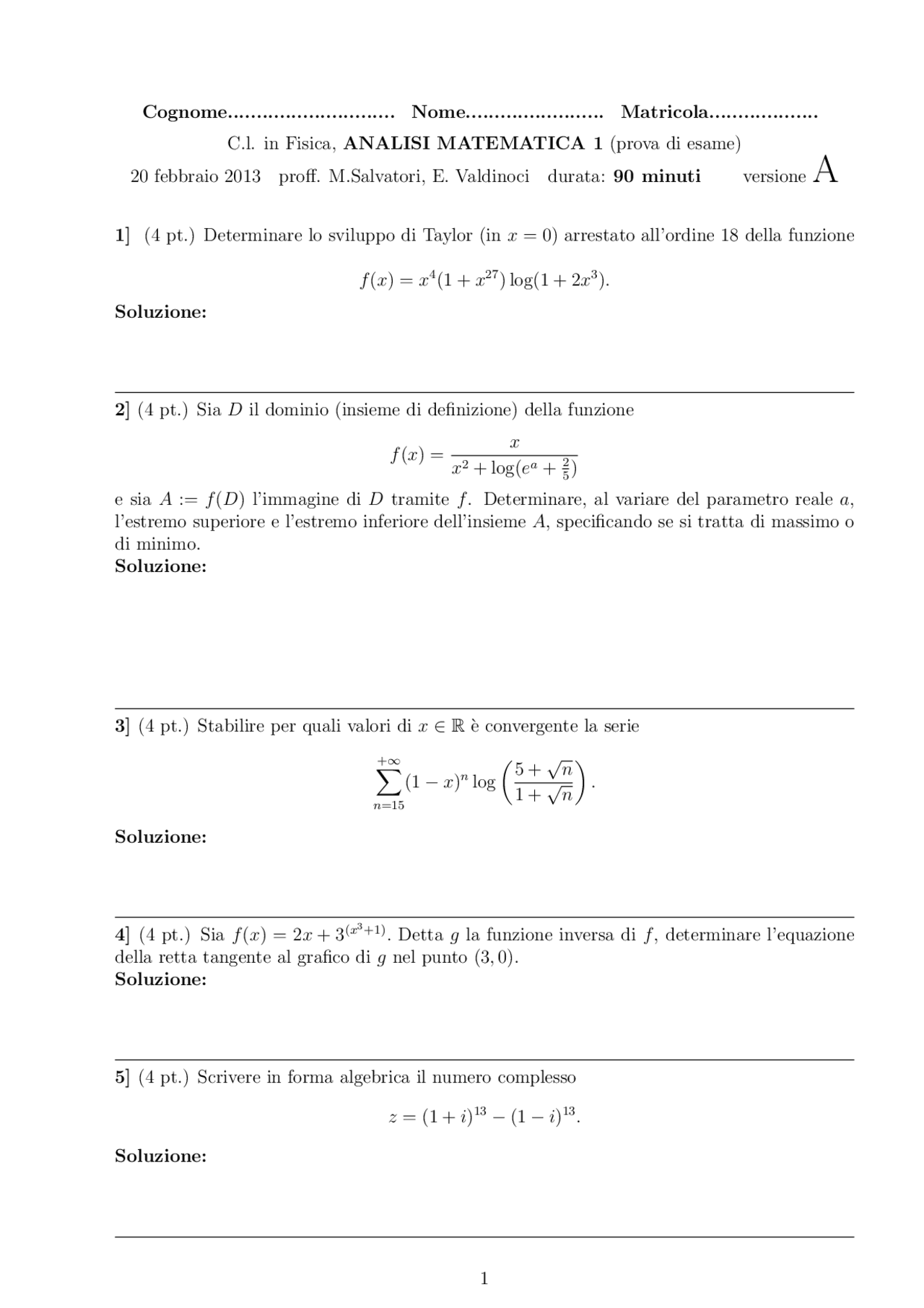 Analisi Matematica 1 Prova Scritta 200213 Docsity