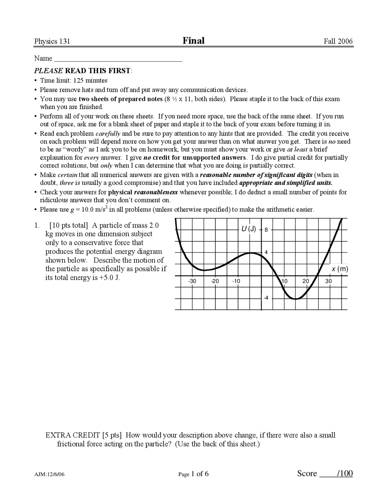 Conservative Force - General Physics - Past Paper - Docsity