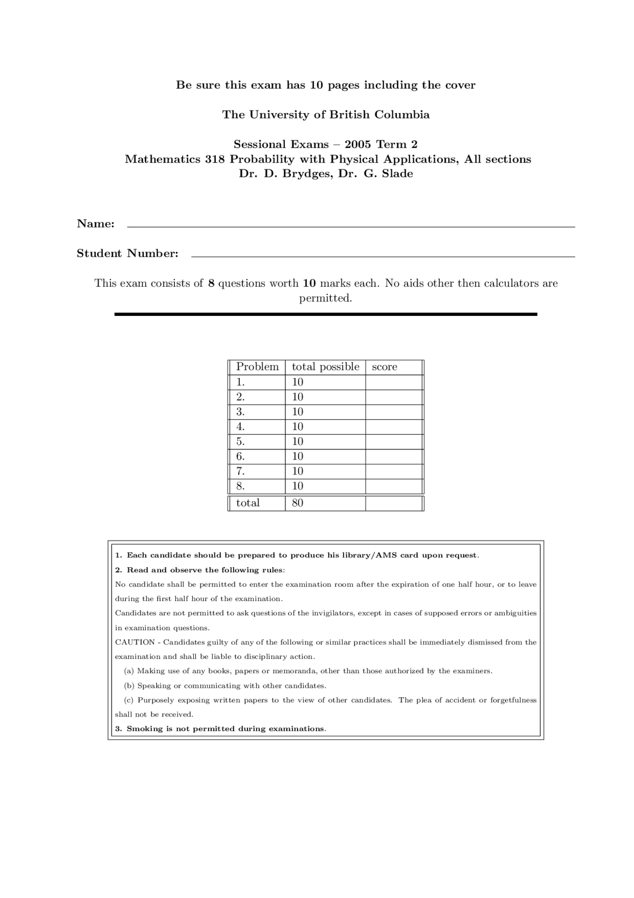 Different - Probability with Physical Applications - Exam - Docsity