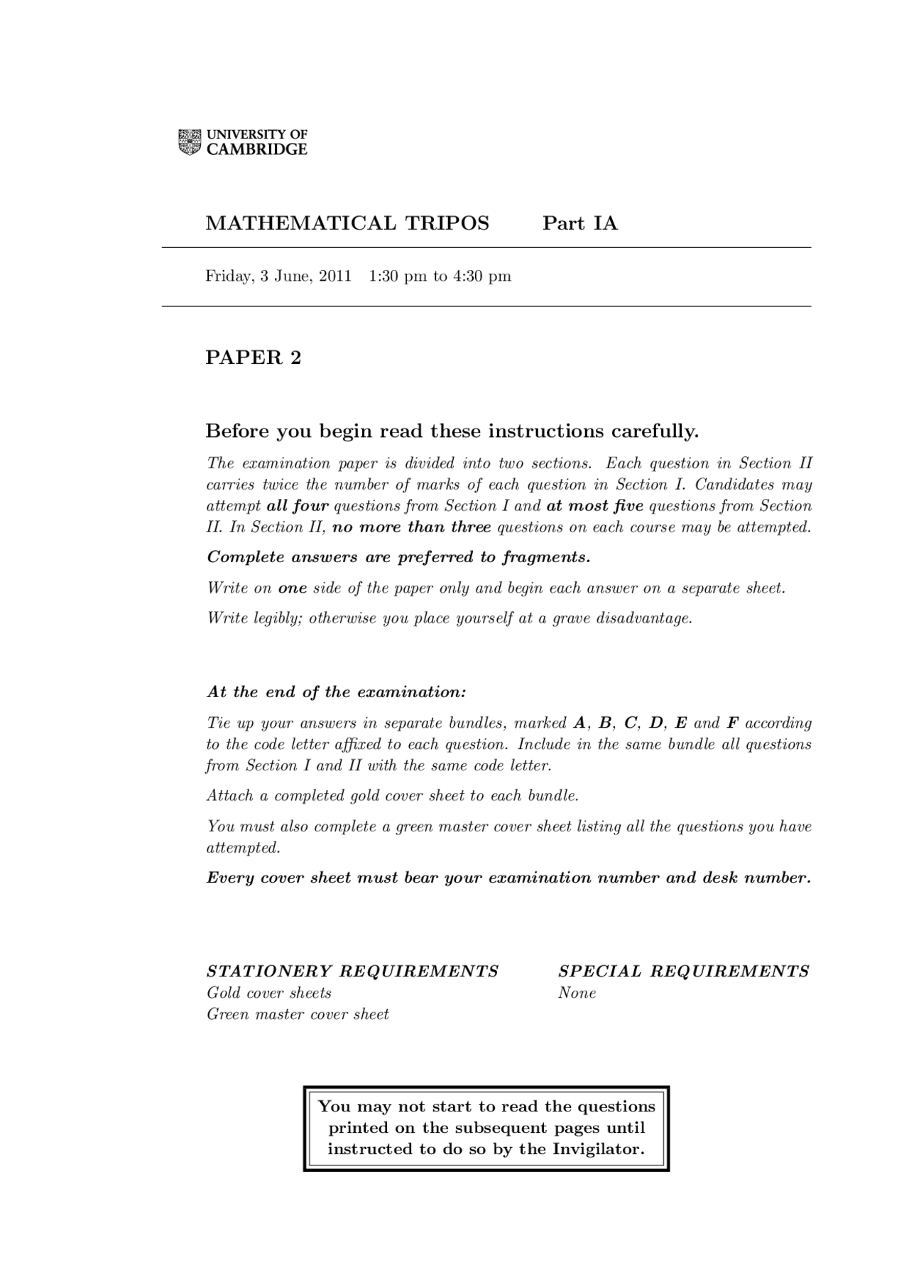 Mathematical Tripos Part IA Paper 2 Examination Document | Exams ...