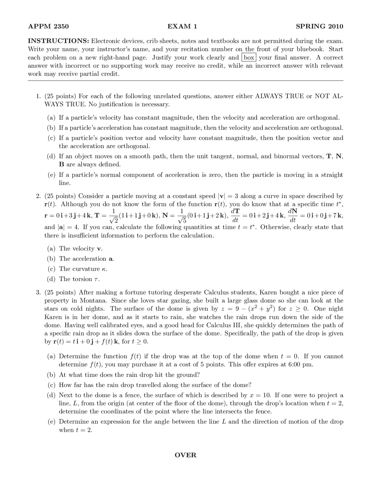 Particles Velocity - Calculus Three - Exam - Docsity