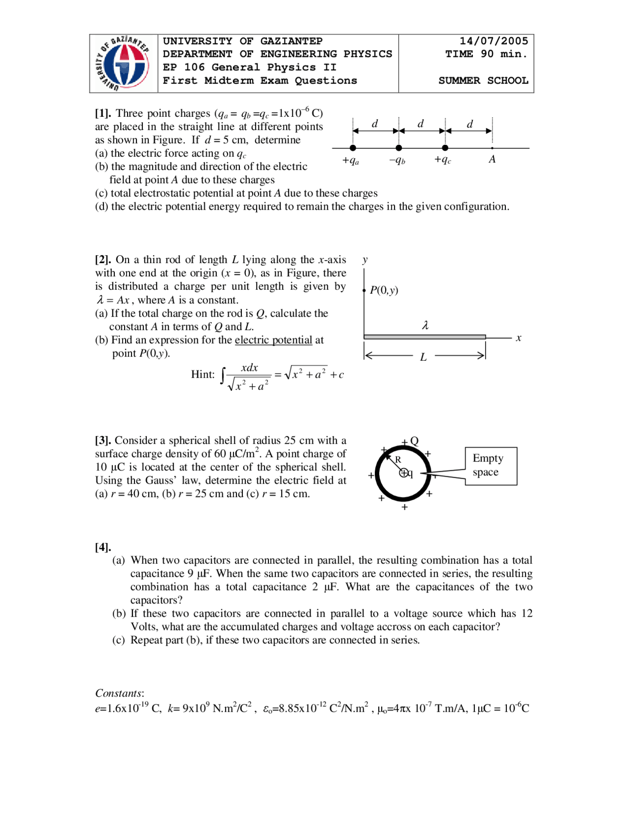 Total Electrostatic Potential - General Physics - Past Paper - Docsity