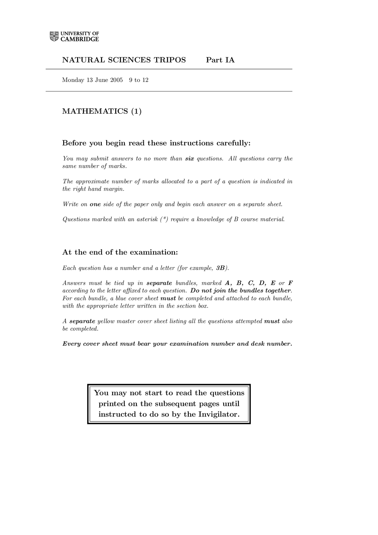 First Non Zero - Mathematics with Natural Sciences - Exam - Docsity