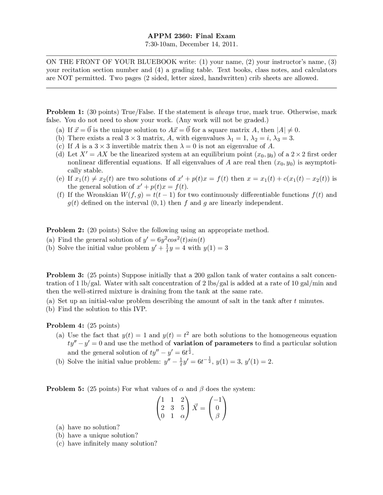 Eigenvalues - Differential Equations and Linear Algebra - Exam - Docsity