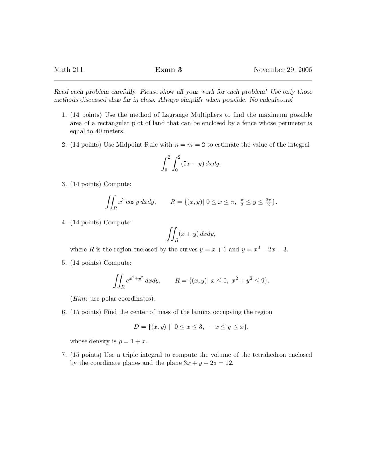 Rectangular Plot Honors Calculus Exam Docsity