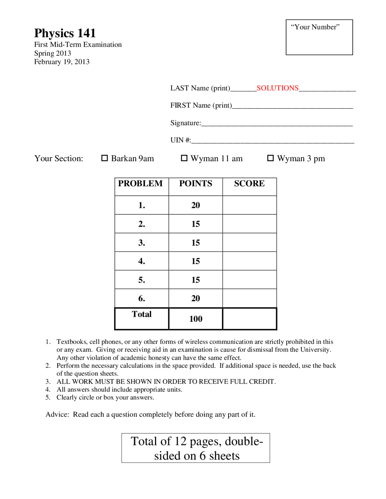 General Physics I (Mechanics) - Midterm Exam 1 Solved | PHYS 141 ...