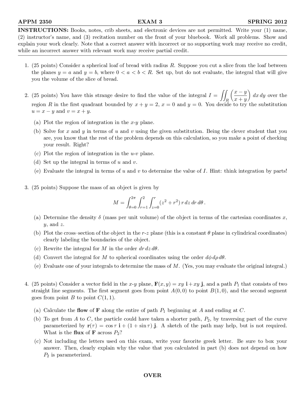 Strange Desire - Calculus Three - Exam - Docsity