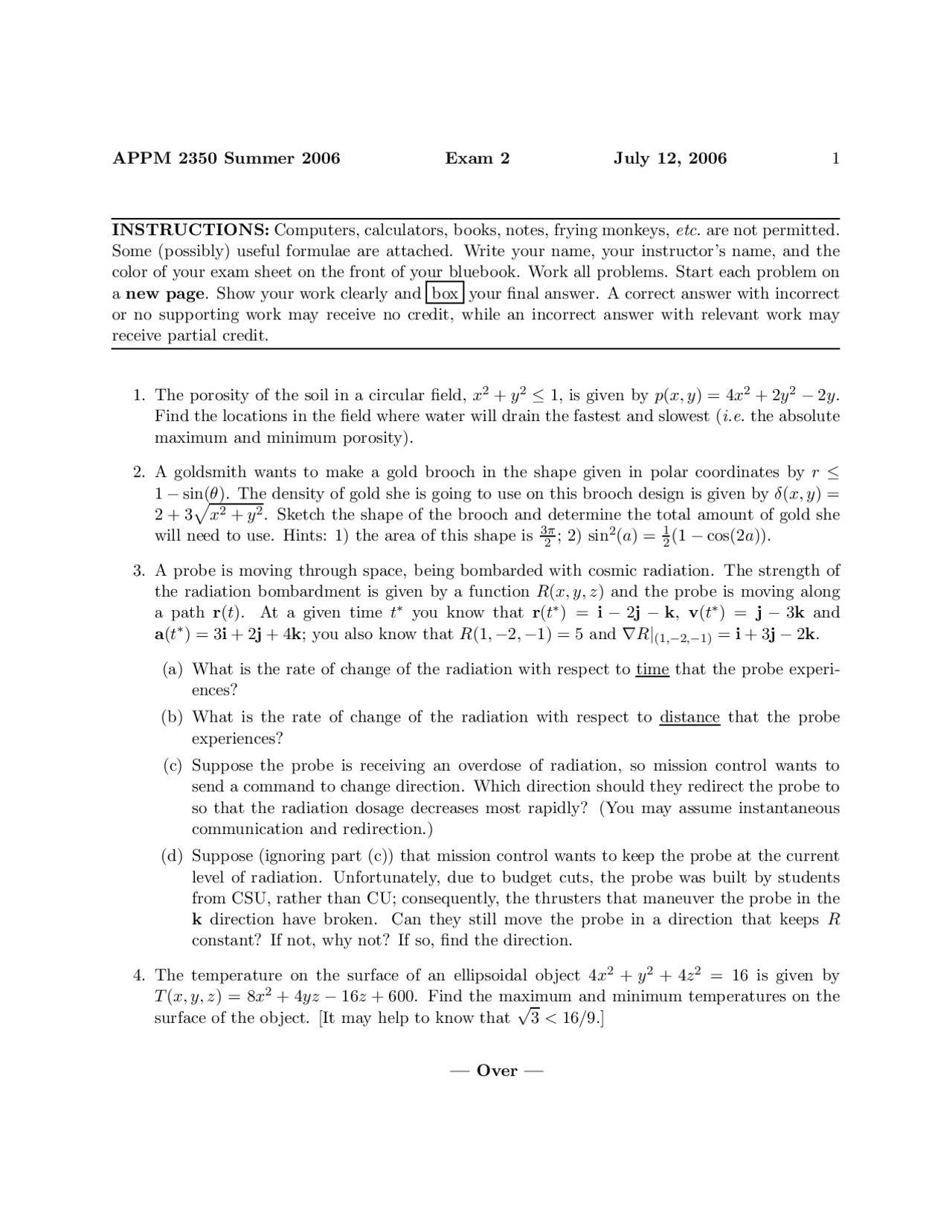 Density Of Gold Calculus Three Exam Docsity