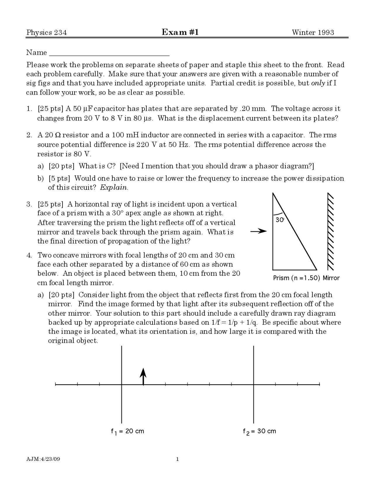Displacement Current - General Physics - Past Paper - Docsity