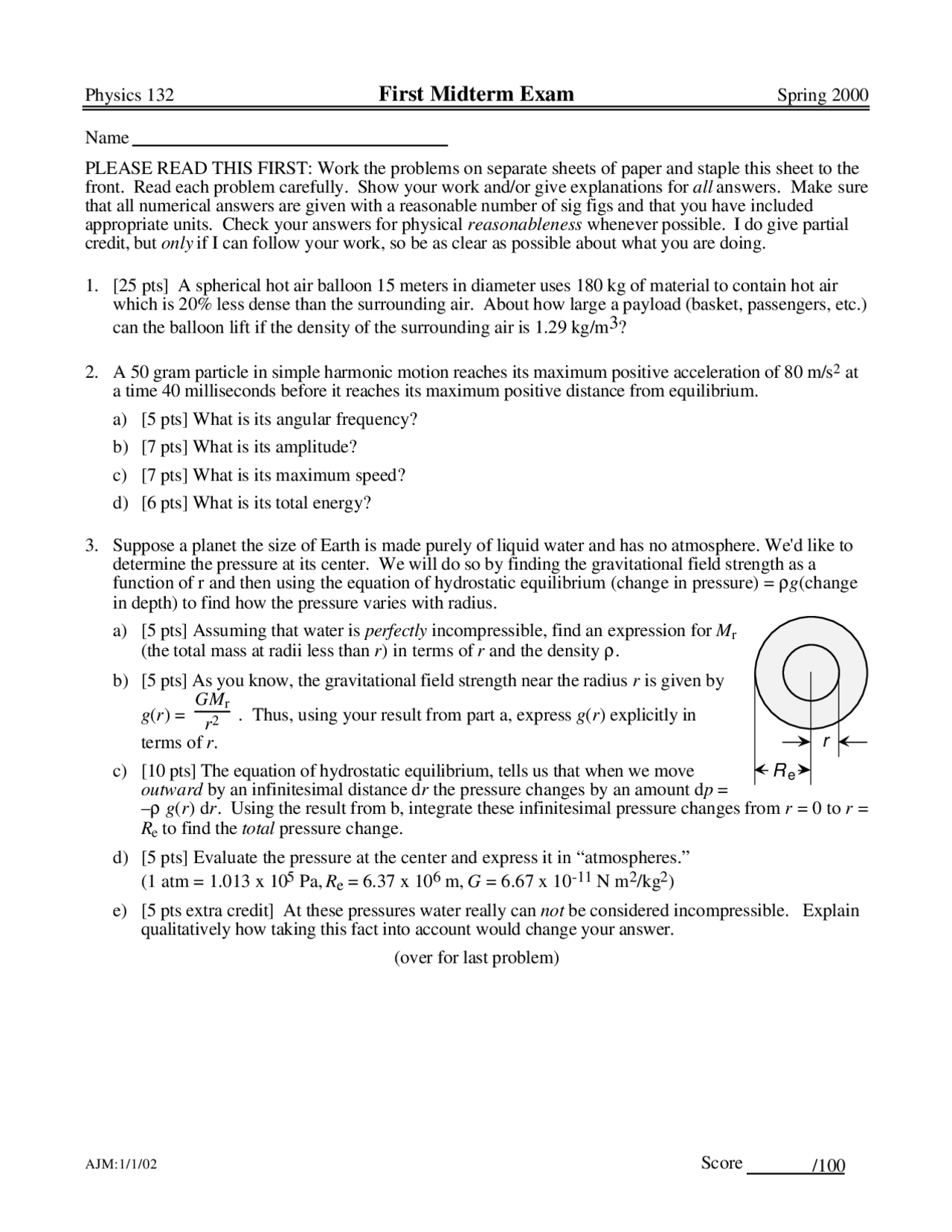 Density of Surrounding Air - General Physics - Past Paper - Docsity