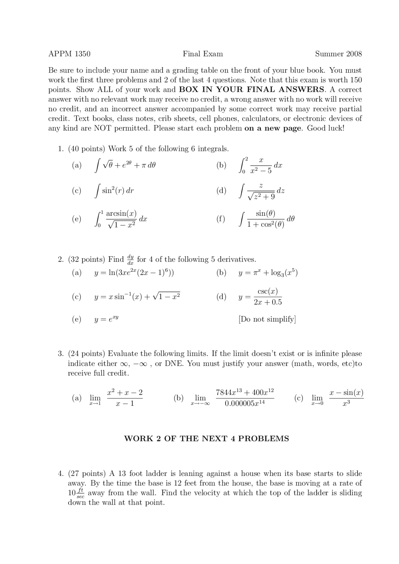 Derivatives Calculus One For Engineers Exam Docsity