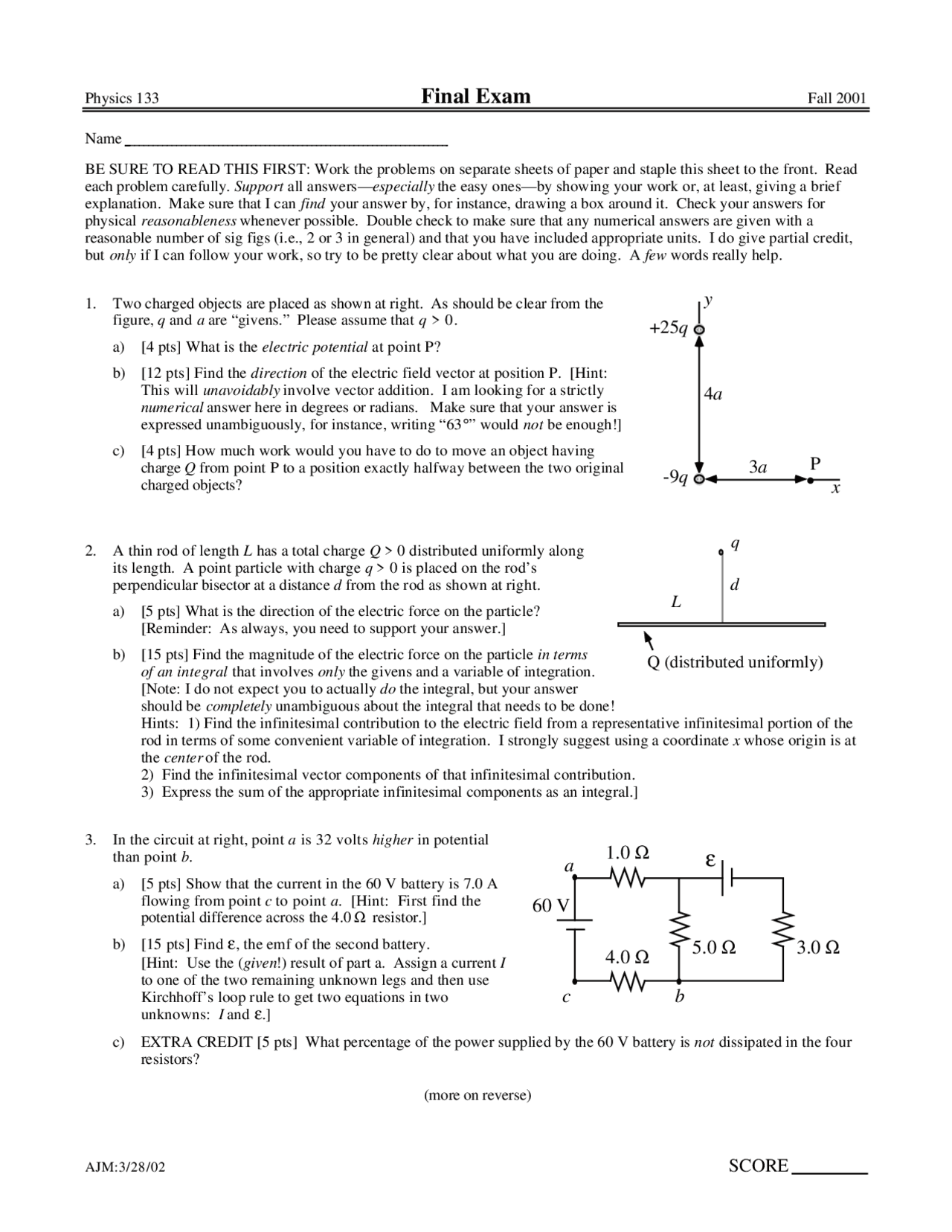 Electric Potential - General Physics - Past Paper - Docsity