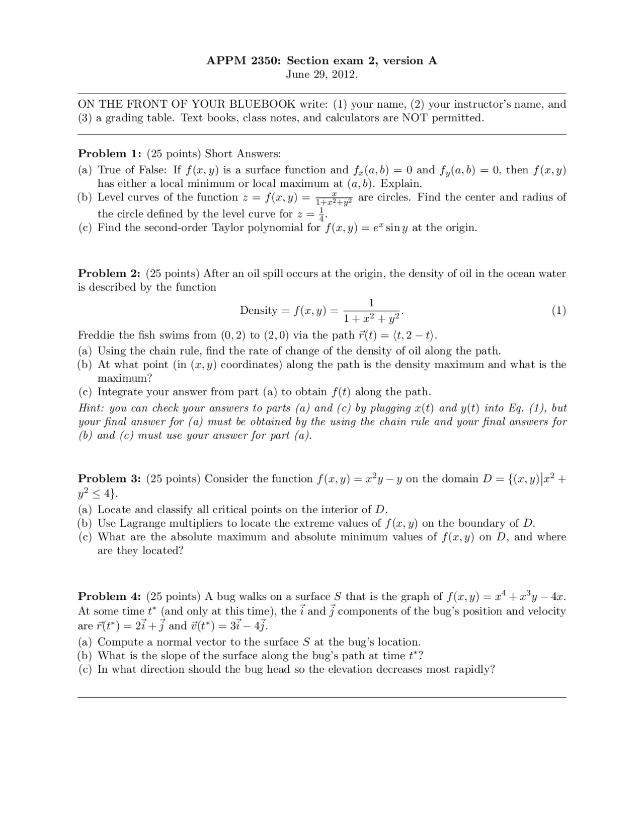 Surface Function - Calculus Three - Exam - Docsity