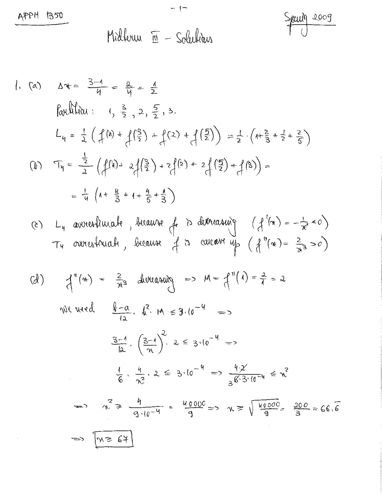 Trapezoidal Sum - Calculus One for Engineers - Solved Exam - Docsity
