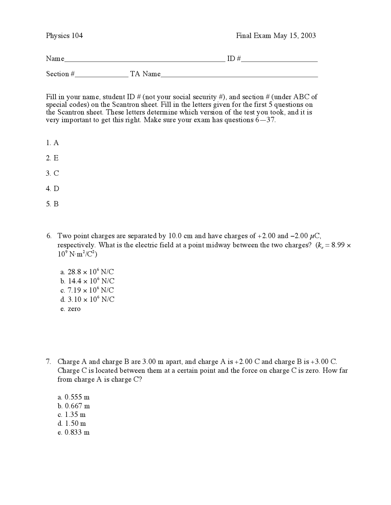 Plates Of Capacitor General Physics Past Paper Docsity