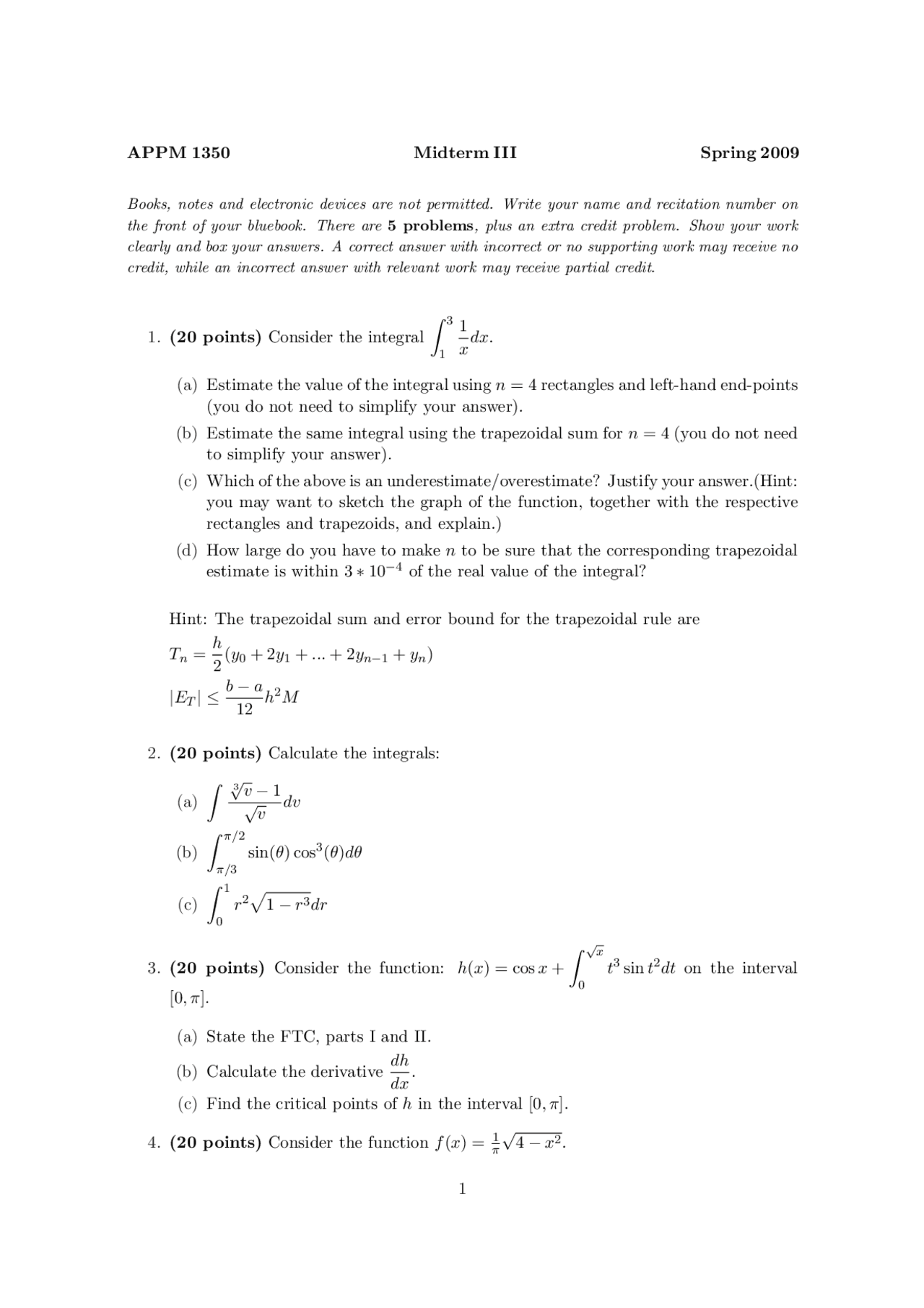 Trapezoidal Sum - Calculus One for Engineers - Exam - Docsity