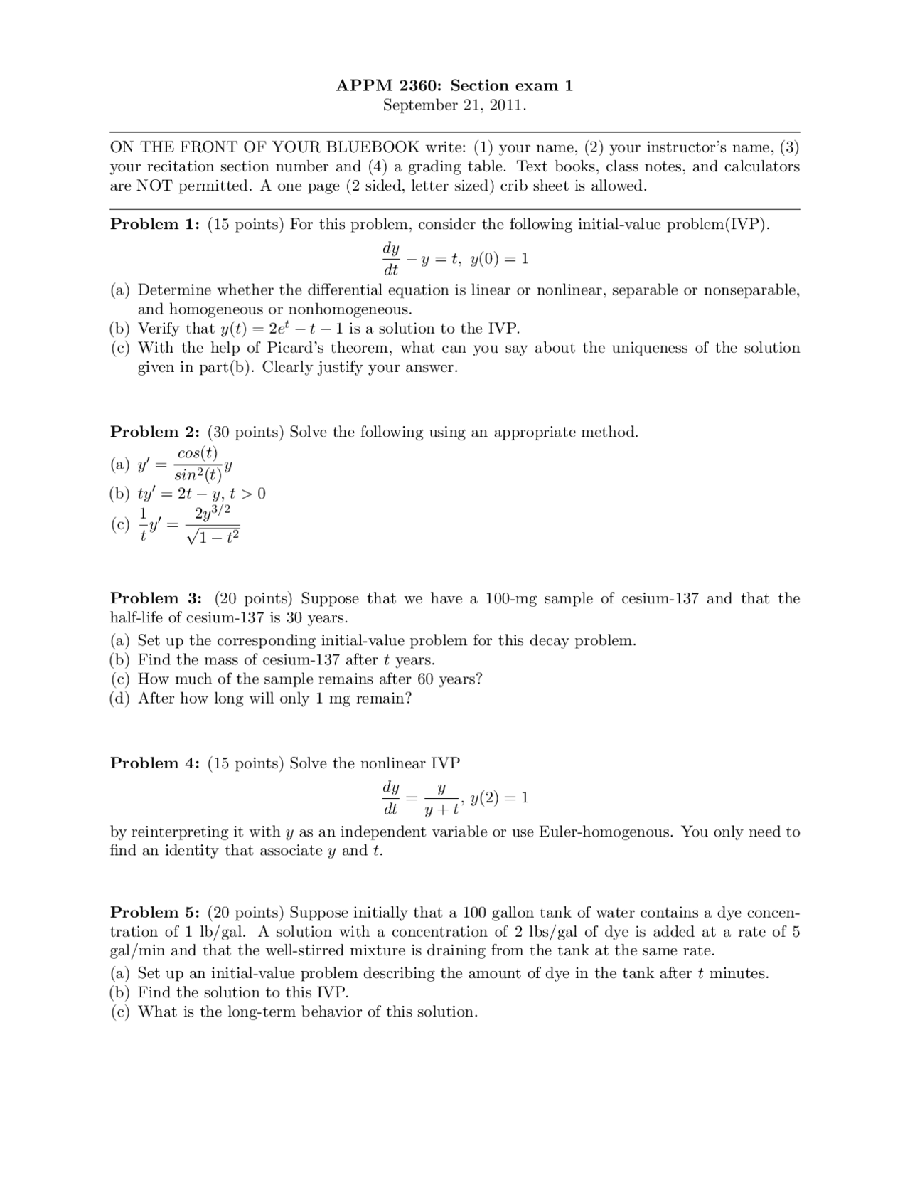 Section Exam 1 - APPM 2360: Initial Value Problems and Differential Equations | Exams Linear ...