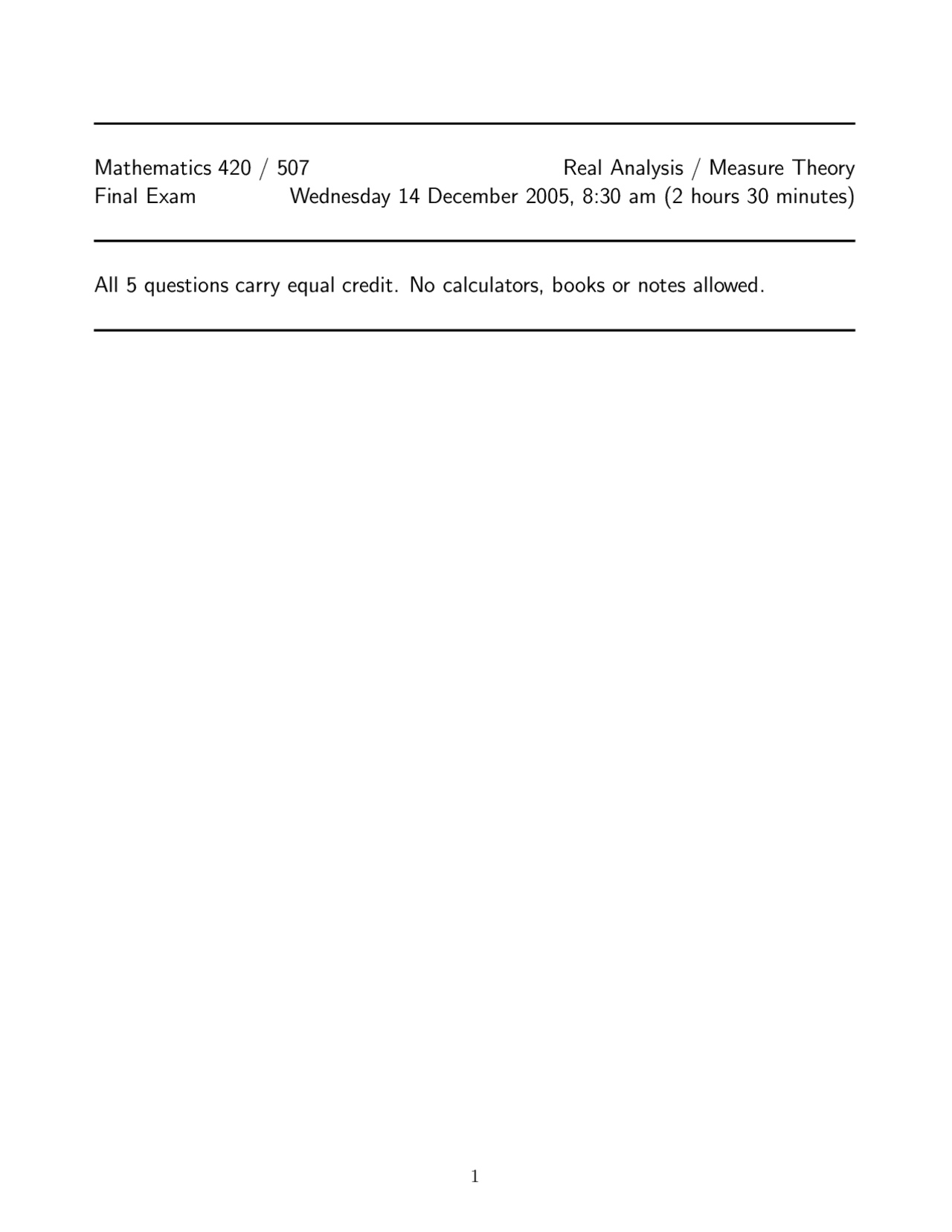 Measure Space - Real Analysis - Exam - Docsity