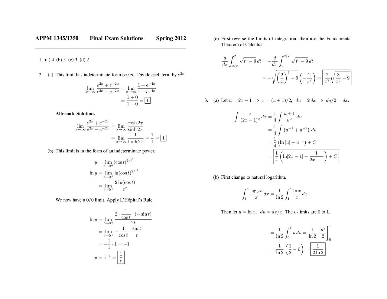Explanation - Calculus One - Solved Exam - Docsity
